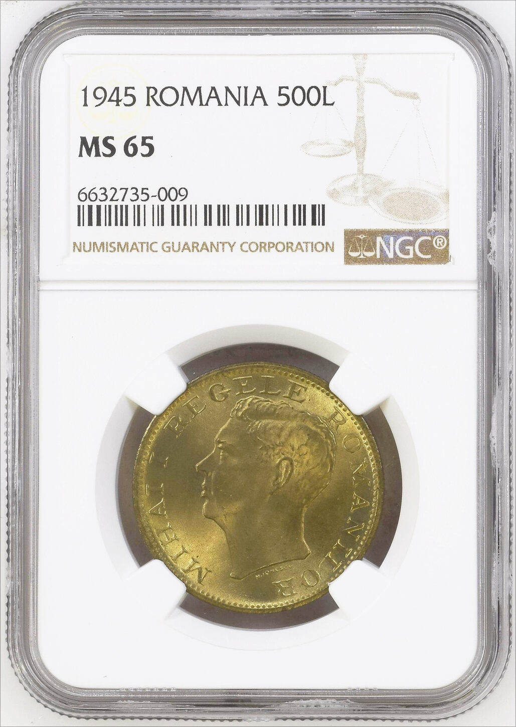 1945 Kingdom of Romania, Mihai I. Brass 500 Lei Coin. NGC MS 65 | MA-Shops